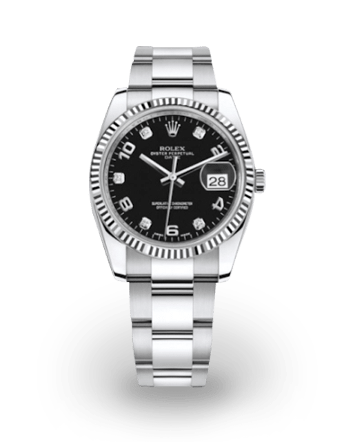 Rolex Oyster Perpetual Date 34 Steel / Fluted / Black / Diamond-Set ...