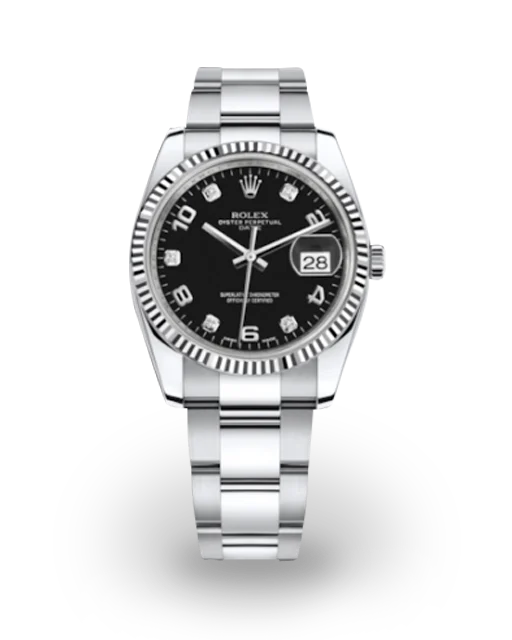 Rolex Oyster Perpetual Date 34 Steel / Fluted / Black / Diamond-Set ...