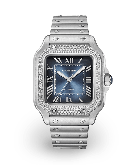 Cartier Santos de Cartier Medium Steel / Diamond-Set / Blue / Roman ...