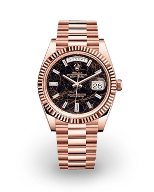 Rolex Day-Date 40 Rose Gold / Fluted / Eisenkiesel / Baguette Diamond ...
