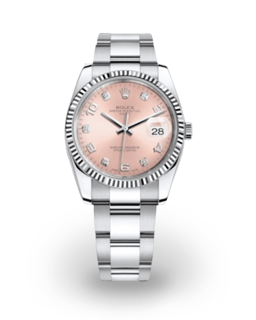 Rolex Oyster Perpetual Date 34 Steel / Fluted / Pink / Diamond-Set ...