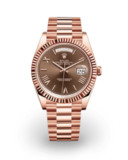 Rolex Day-Date 40 Rose Gold / Fluted / Chocolate / Roman 228235-0002 ...