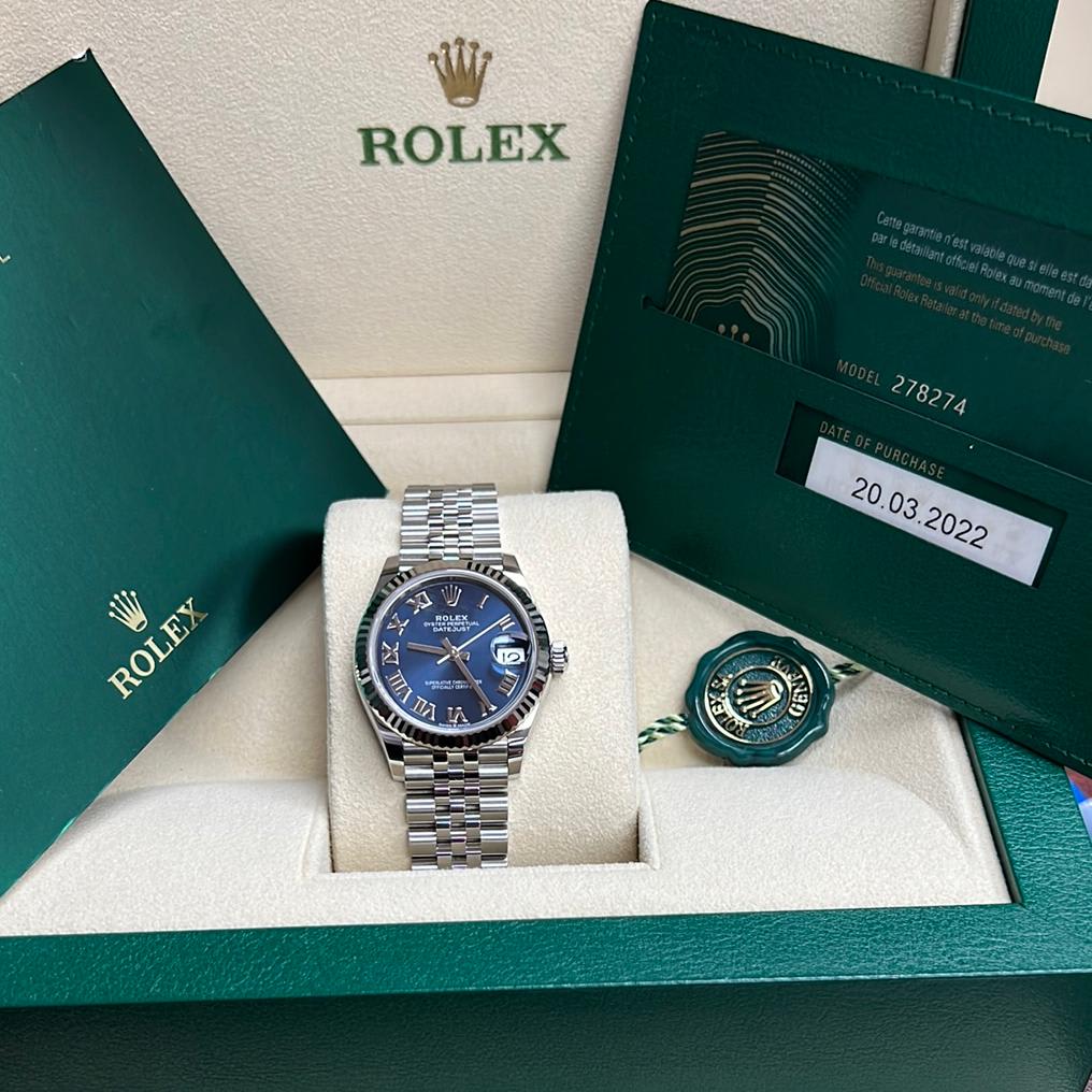 2022 Rolex Datejust 31 Fluted / Blue / Roman / Jubilee 278274-0034 | Bezel